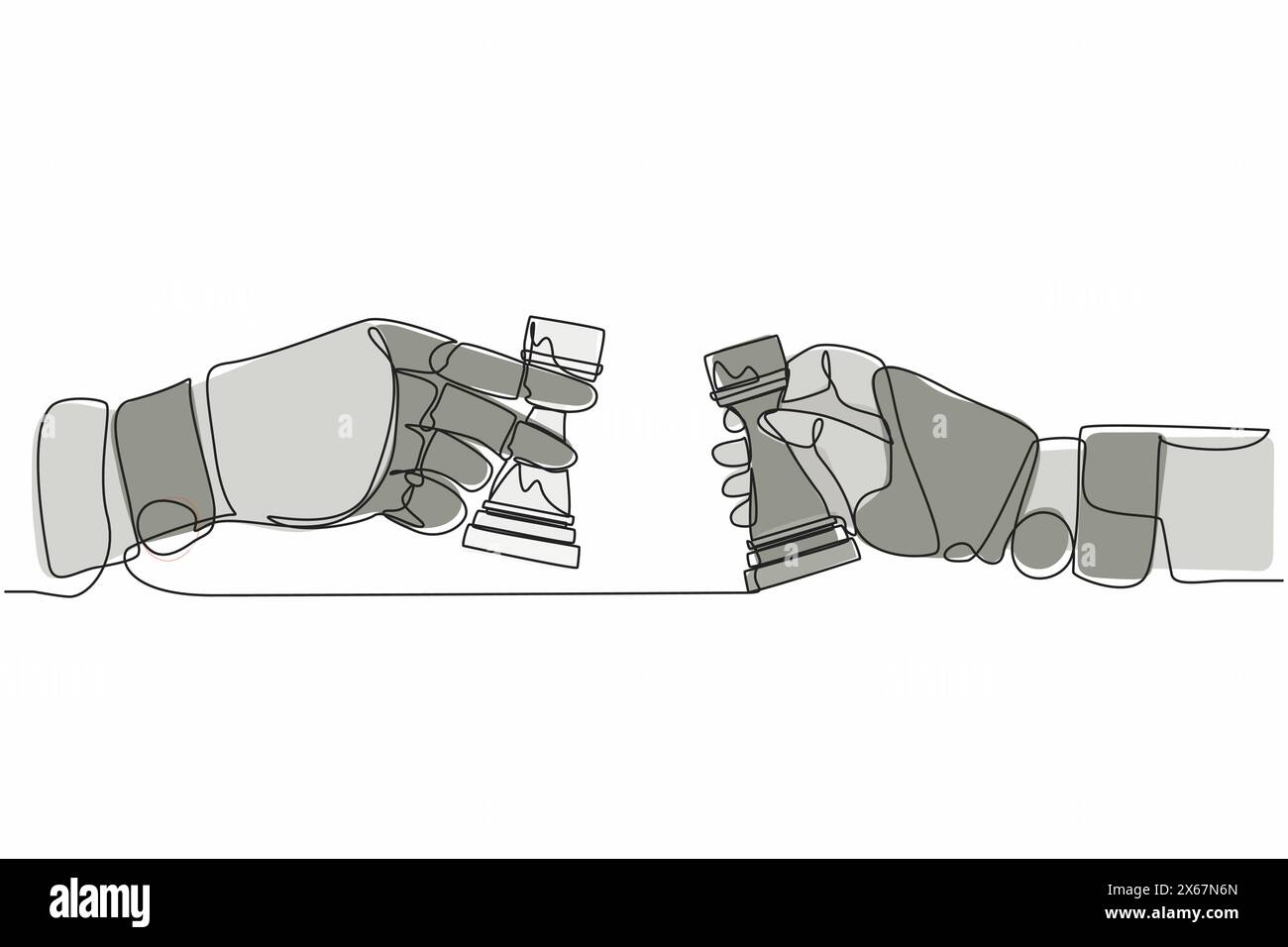 Single one line drawing robot hands holding rook chess piece and the ...