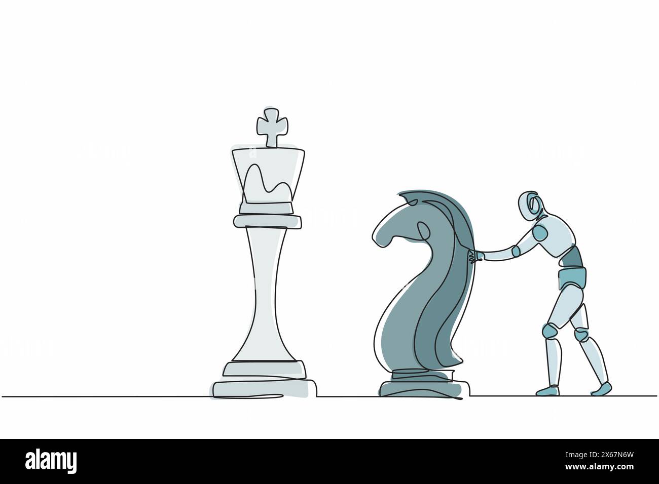 Continuous one line drawing robots push huge knight horse chess piece ...