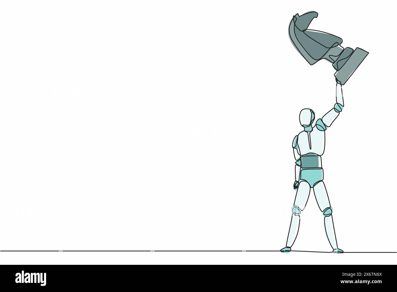Single continuous line drawing robot lifting up knight chess piece. Modern robotics artificial ...
