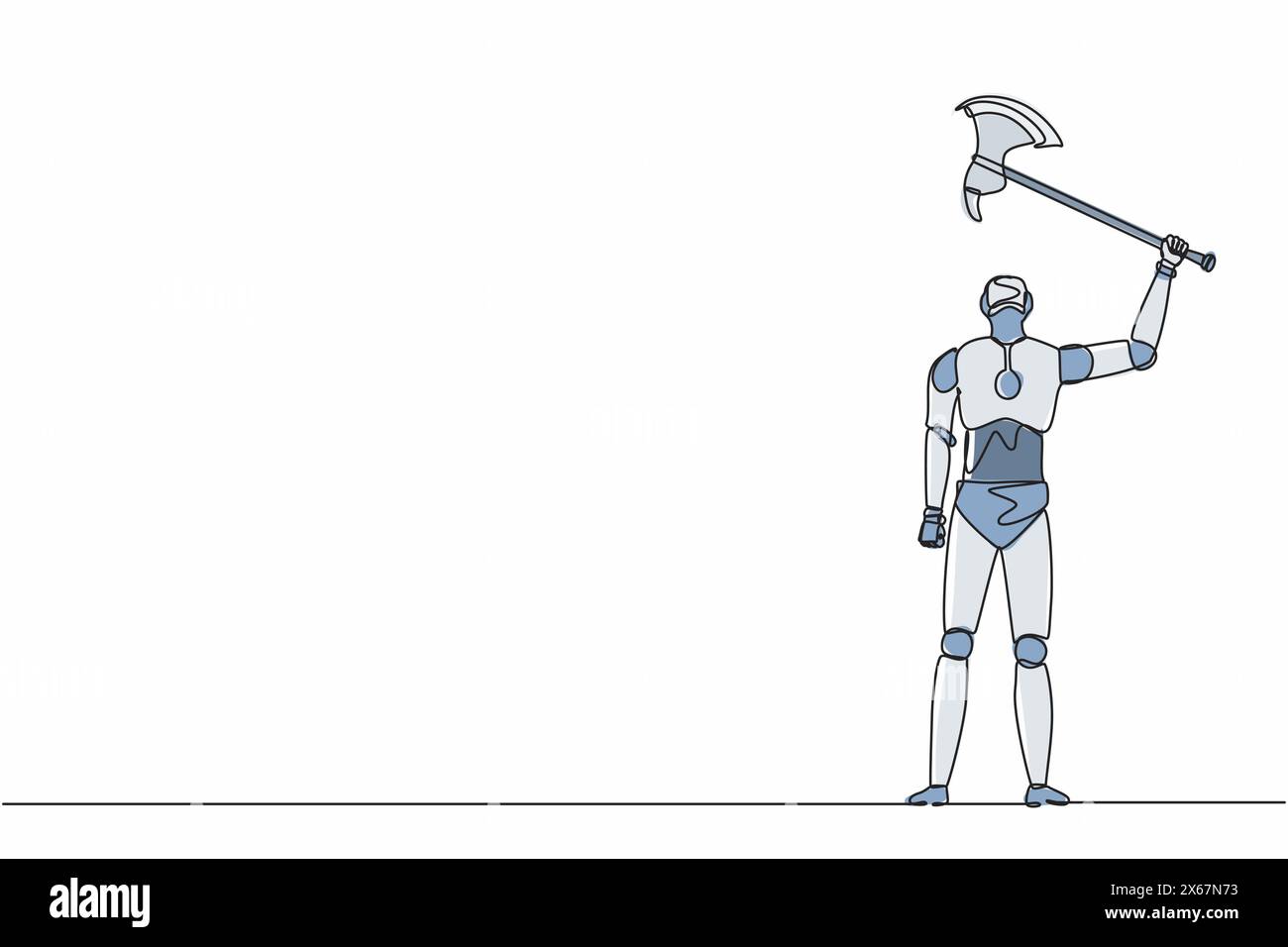 Single continuous line drawing robots standing and lifting up big axe ... Single continuous line drawing robots standing and lifting up big axe ...