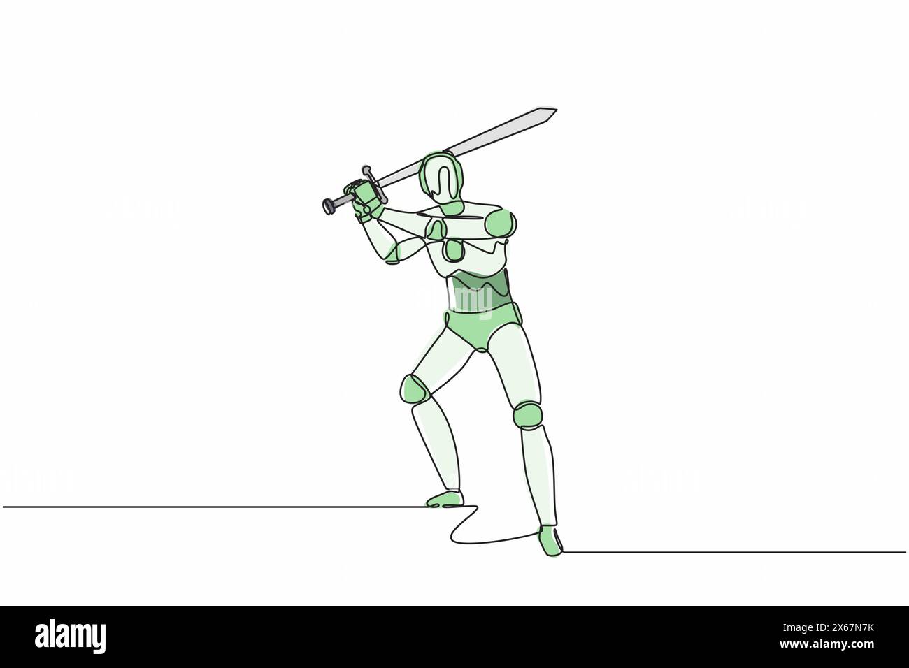 Continuous one line drawing robots standing and swinging big sword ... Continuous one line drawing robots standing and swinging big sword ...