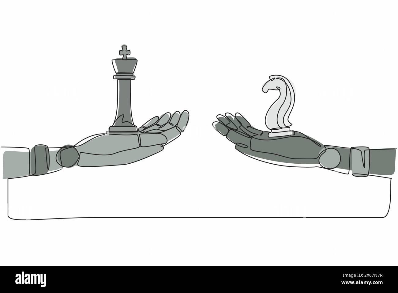 Single continuous line drawing robots hands with king and horse chess ... Single continuous line drawing robots hands with king and horse chess ...