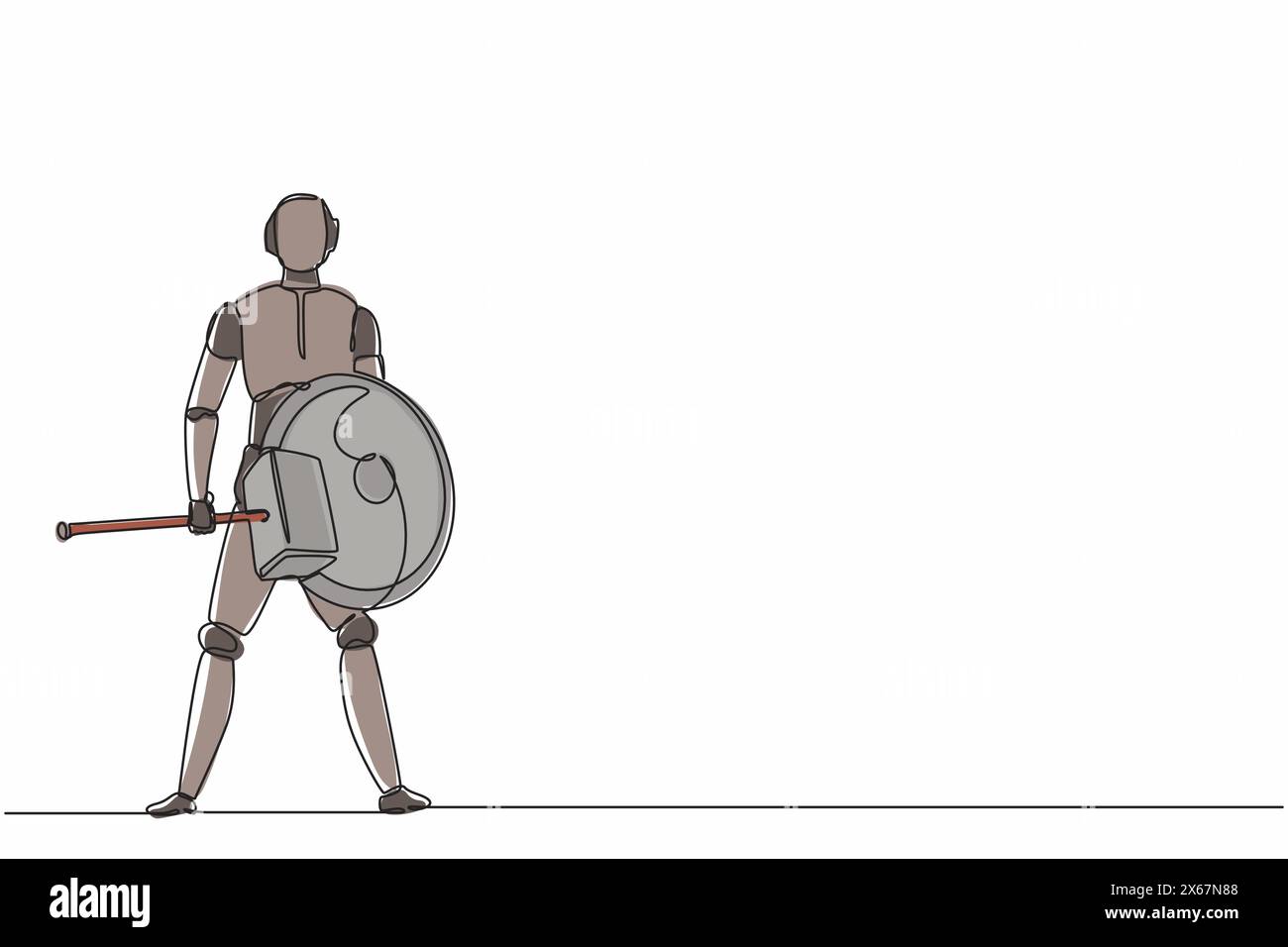 Single one line drawing robot standing holding hammer and shield ...