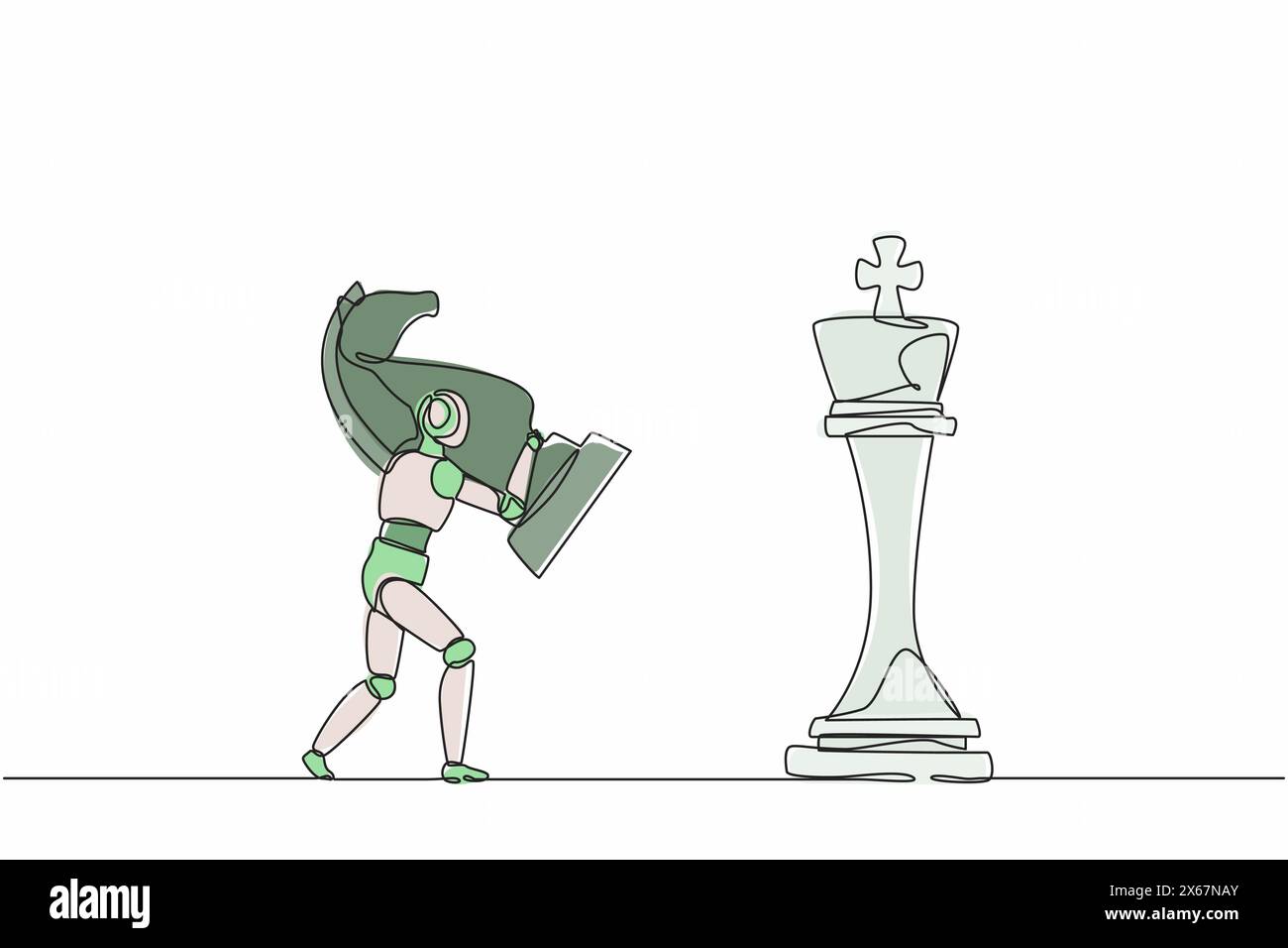 Continuous one line drawing robots holding knight chess piece to beat ...