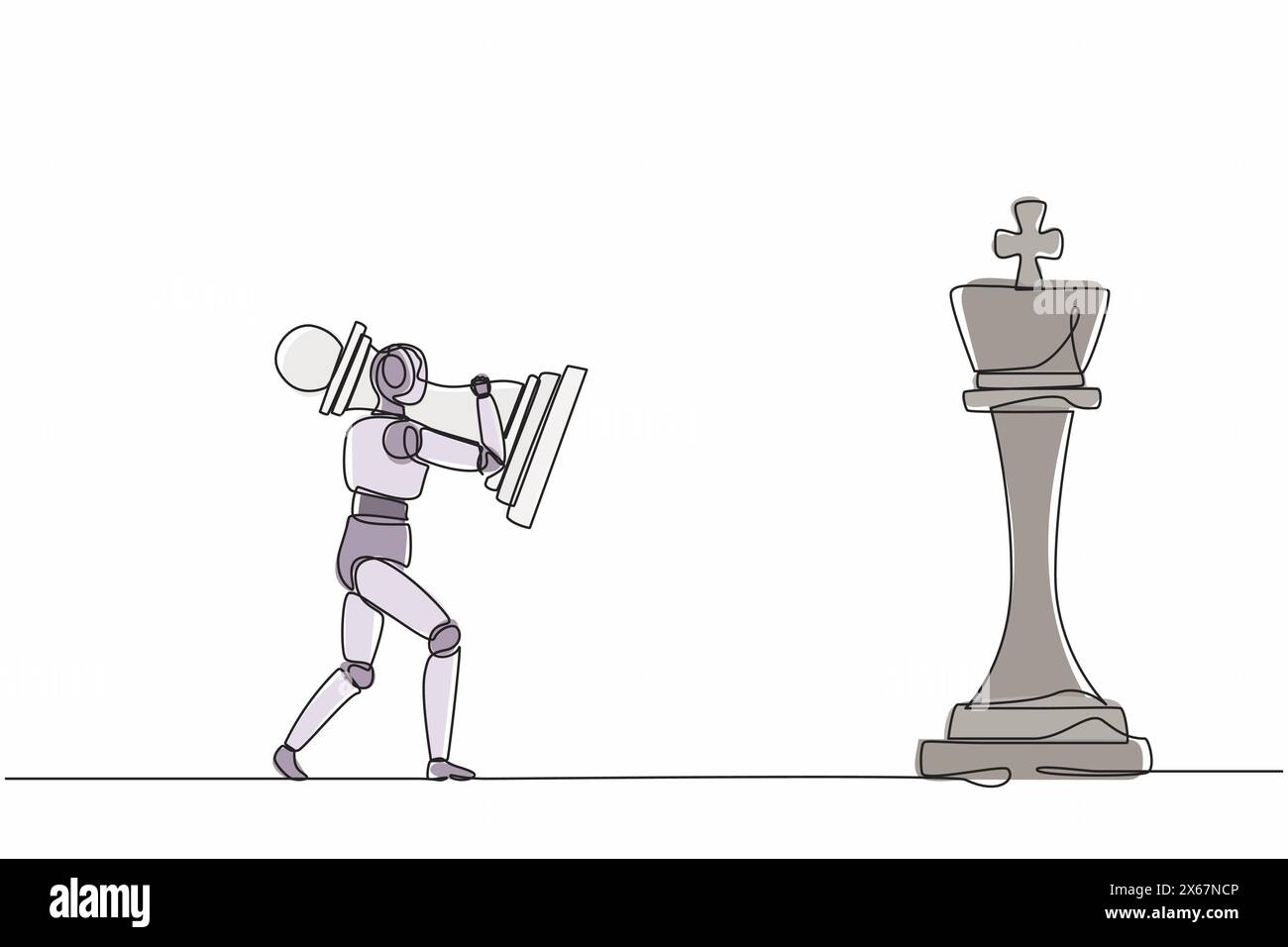 Single one line drawing robot holding pawn chess piece to beat king ...