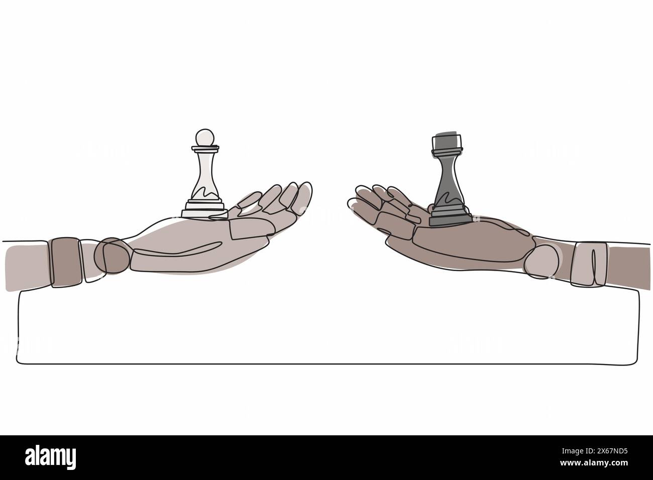 Single continuous line drawing robots hands with pawn and rook chess ...