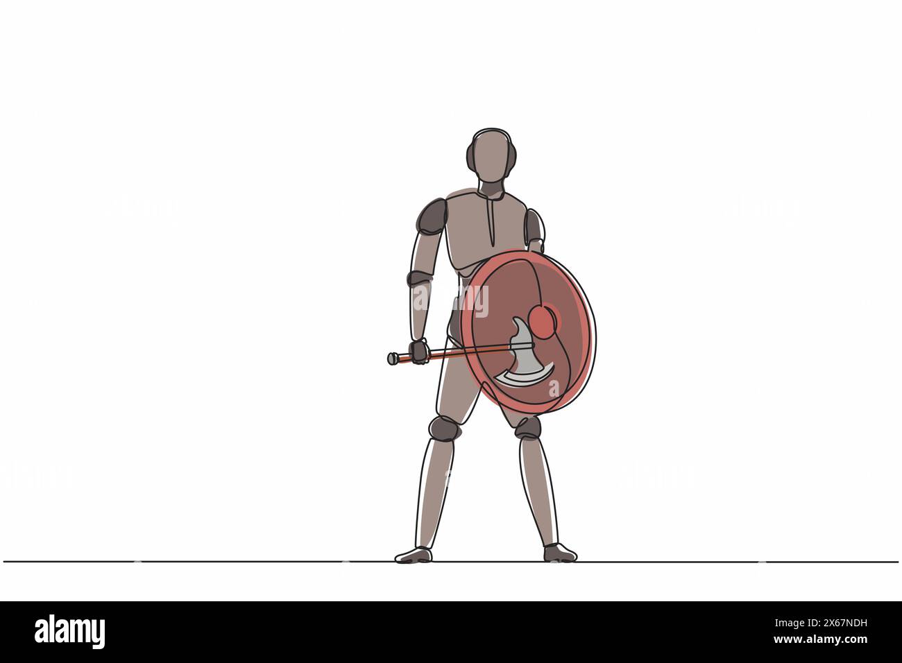 Single continuous line drawing robots standing holding axe and shield ... Single continuous line drawing robots standing holding axe and shield ...