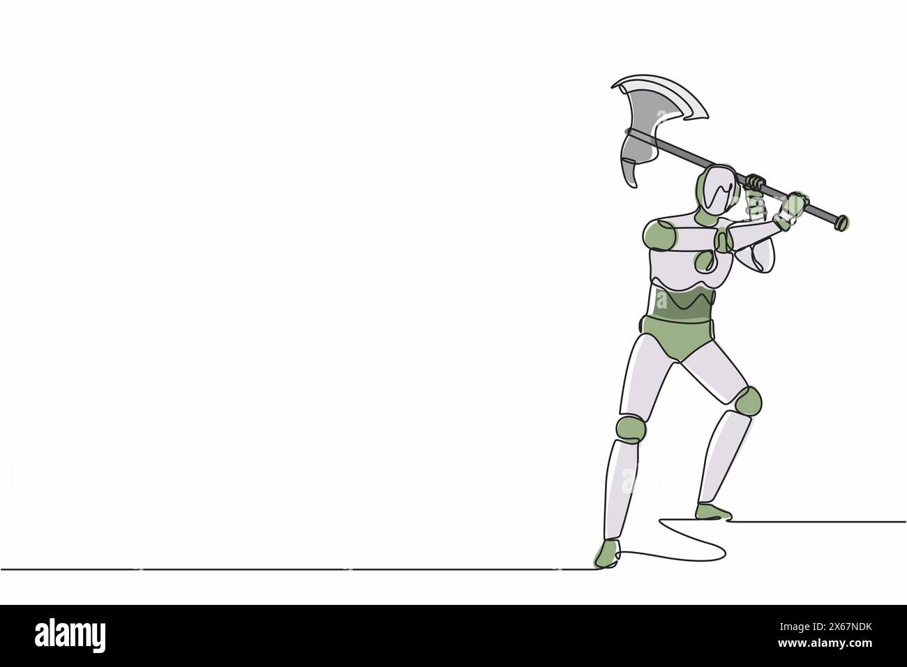 Single continuous line drawing robot standing and swinging big axe. Modern robotics artificial ...