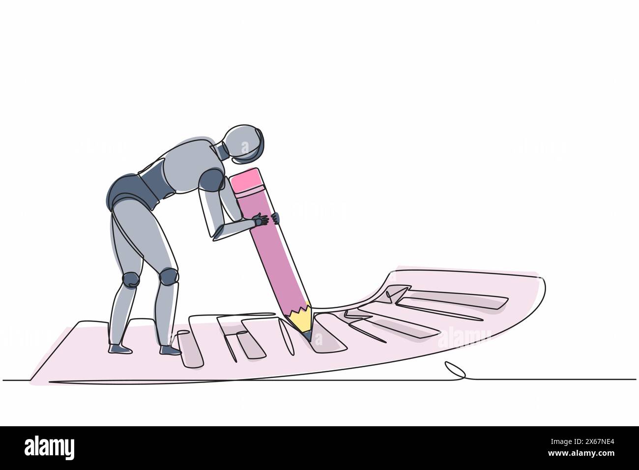 Continuous one line drawing robots standing near big checklist and fills out questionnaire with ...