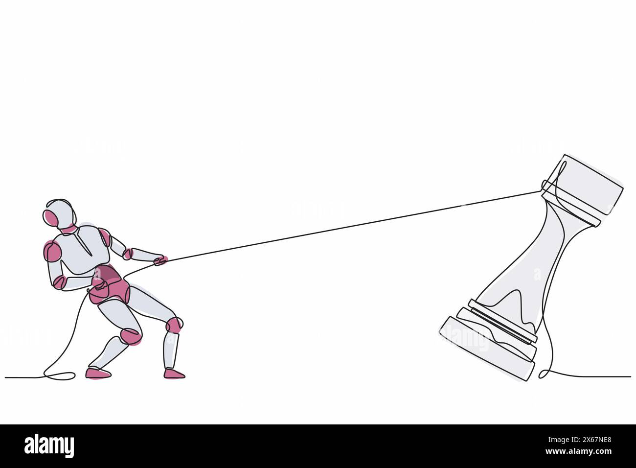 Single one line drawing robot pulling big rook chess with rope. Future ... Single one line drawing robot pulling big rook chess with rope. Future ...