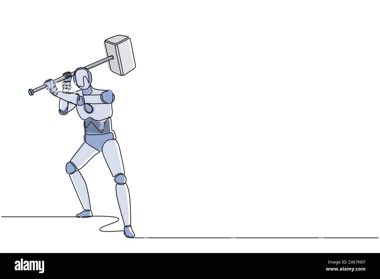 Continuous one line drawing robot standing and swinging big hammer ...