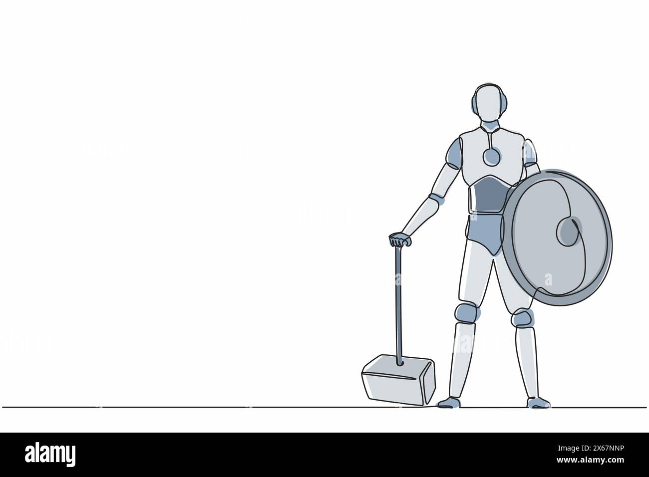 Continuous one line drawing robots stands holding big hammer and shield ... Continuous one line drawing robots stands holding big hammer and shield ...