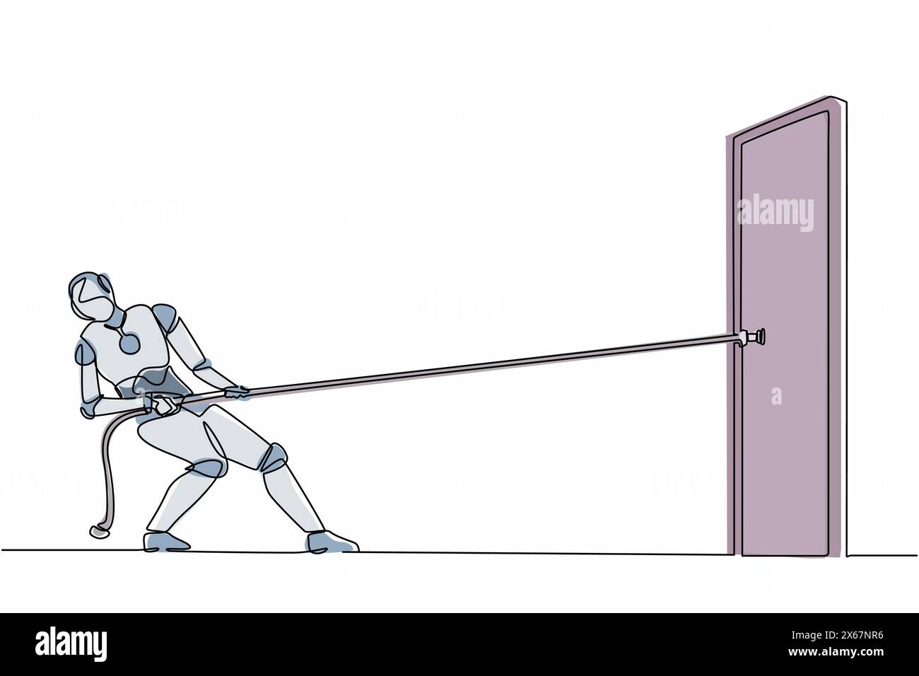 Continuous one line drawing robot pulling and trying open door with ...