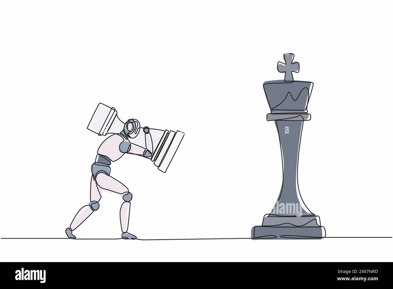 Single one line drawing robot holding rook chess piece to beat king ...