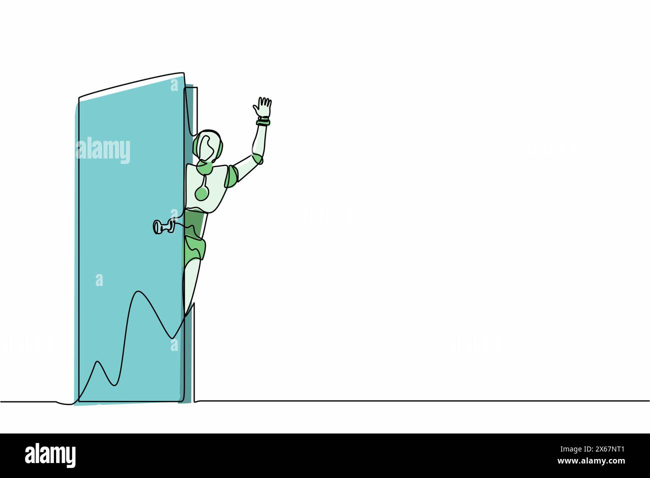 Single continuous line drawing robots peeking of door and wave hands ...