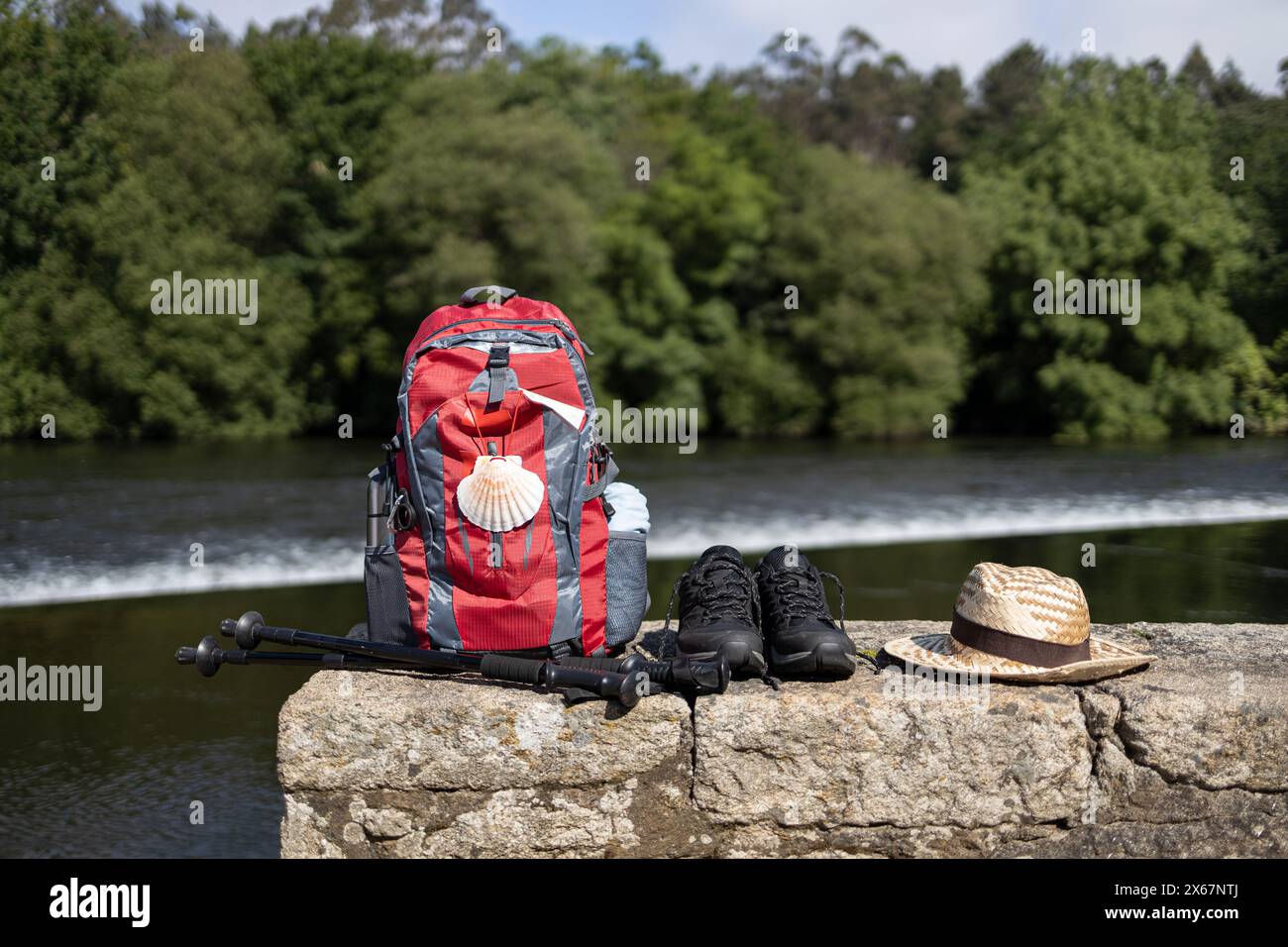 Camino de Santiago concept. Backpack and other gear of a pilgrim to ...