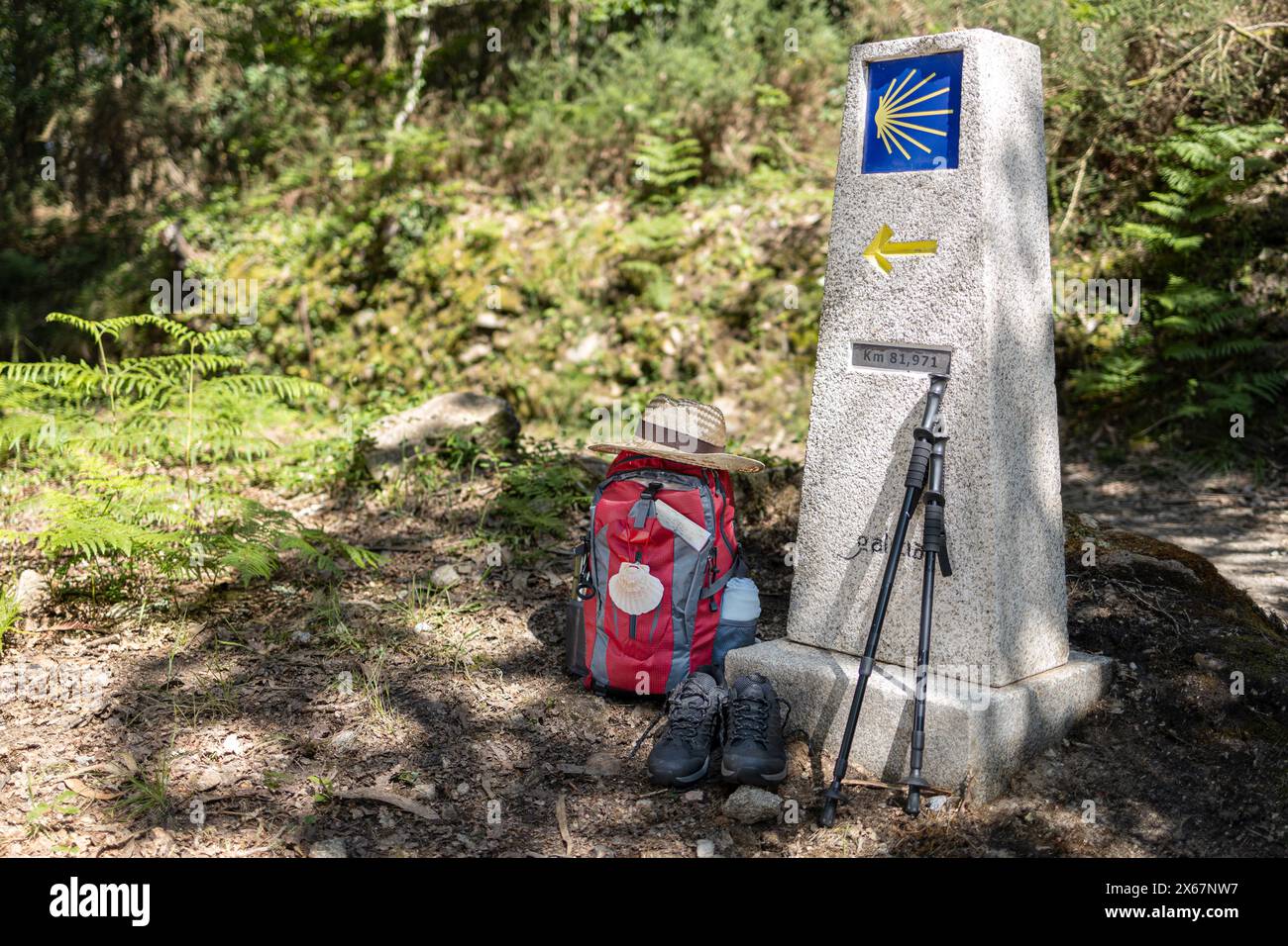 Backpack and other gear of a pilgrim to Santiago de Compostela leaning ...