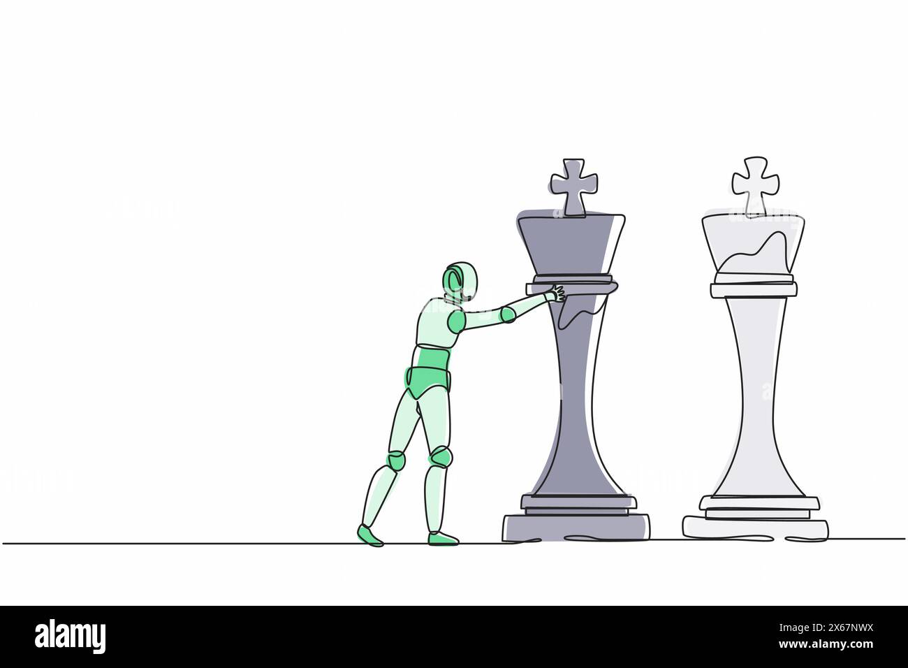 Single one line drawing robot push huge king chess piece to take down ...