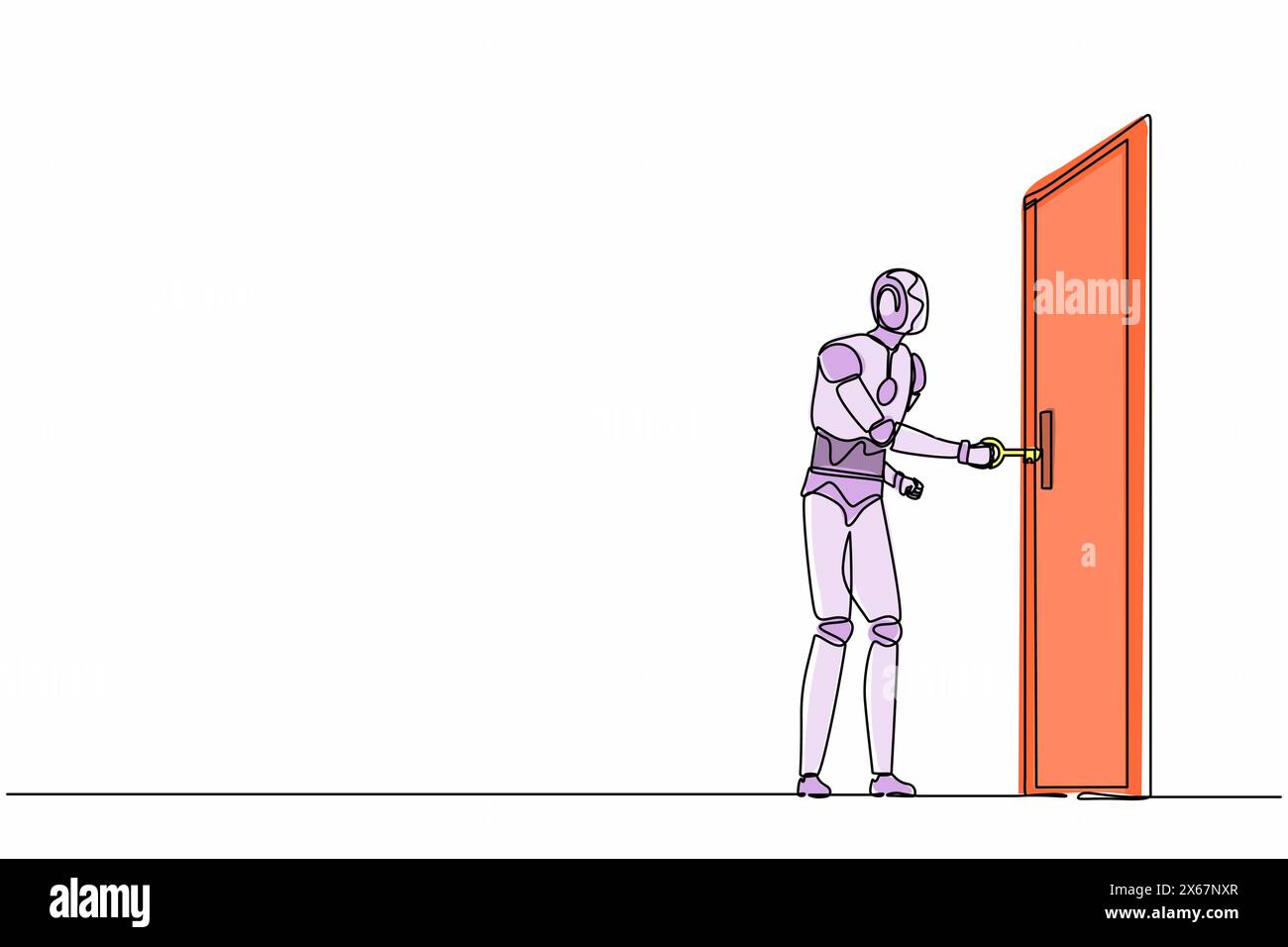 Continuous one line drawing robots stands and inserts the key into the ...