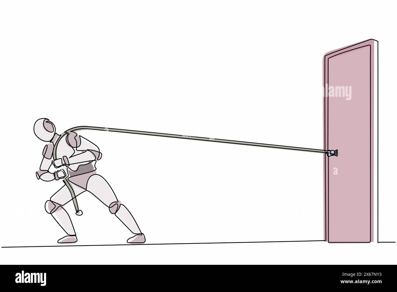 Single continuous line drawing robots pulling heavy door with rope ...