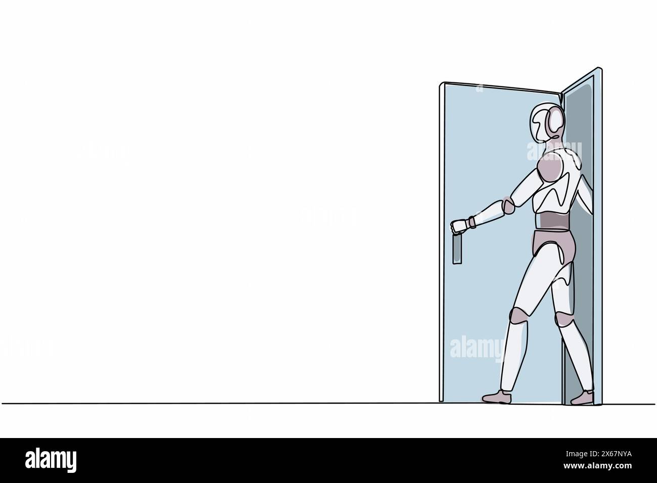 Single one line drawing robot walking out through an open door. Future ...