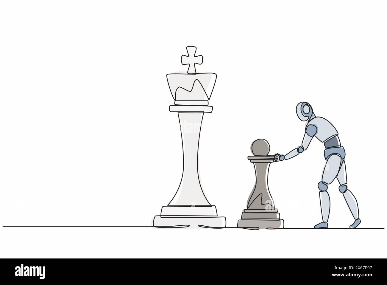 Single continuous line drawing robots push huge pawn chess piece to ...