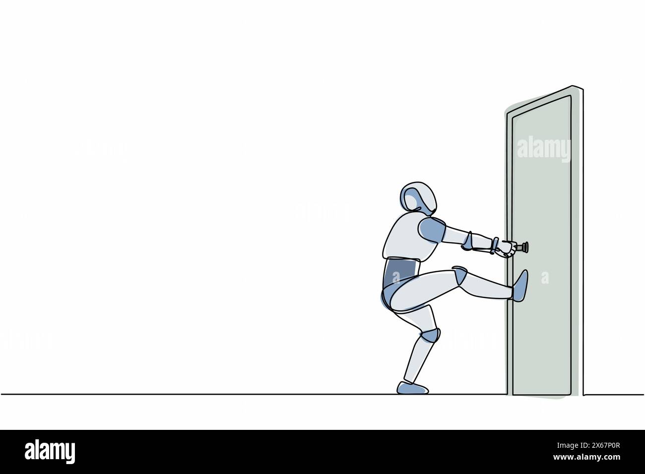 Single one line drawing robot pulling closed door knob with power ... Single one line drawing robot pulling closed door knob with power ...
