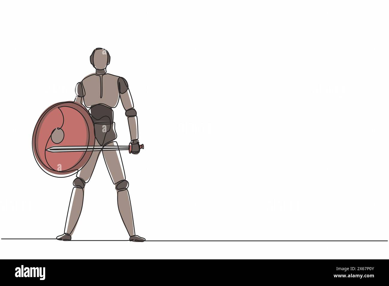 Single one line drawing robot standing holding sword and shield. Future ... Single one line drawing robot standing holding sword and shield. Future ...