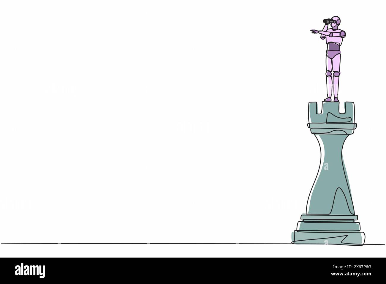 Single one line drawing robot on top of big rook chess piece using ...