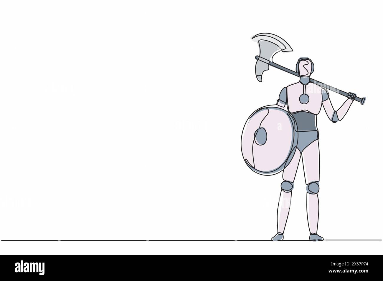 Single one line drawing robot standing holding axe and shield. Future ...