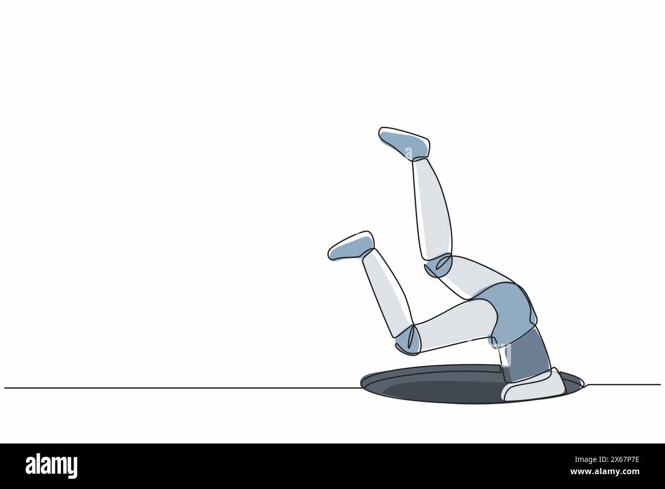 Single one line drawing robot falling into pit hole. Protruding legs ...