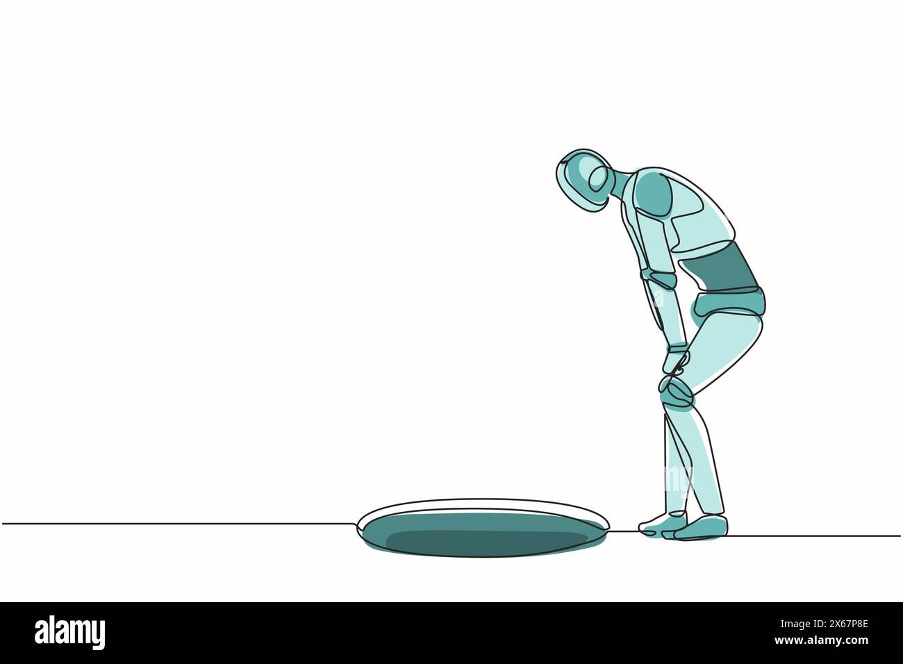 Continuous one line drawing robot standing wondering, looking at big ...