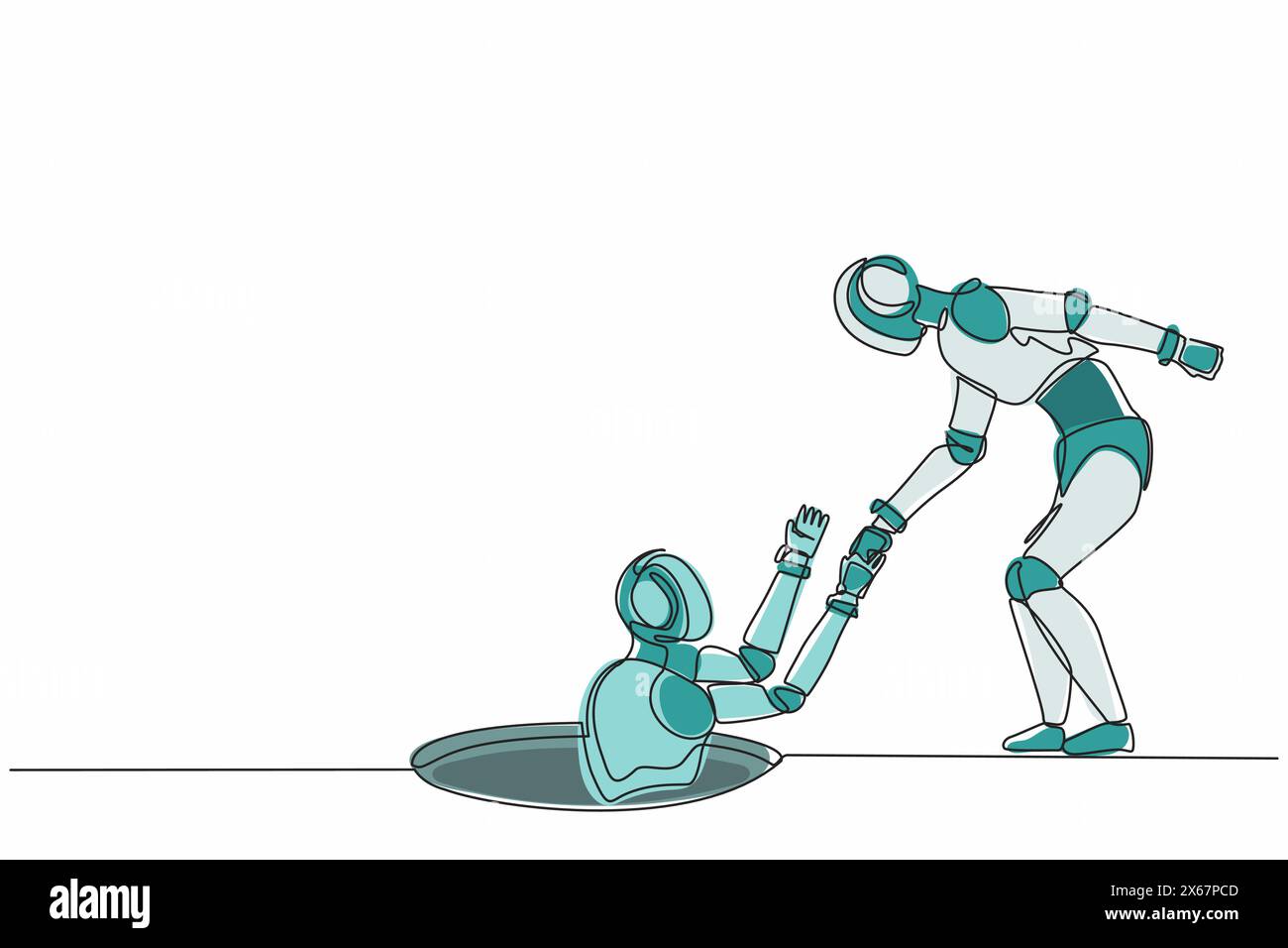 Continuous one line drawing robot helping his friend by take him out ...