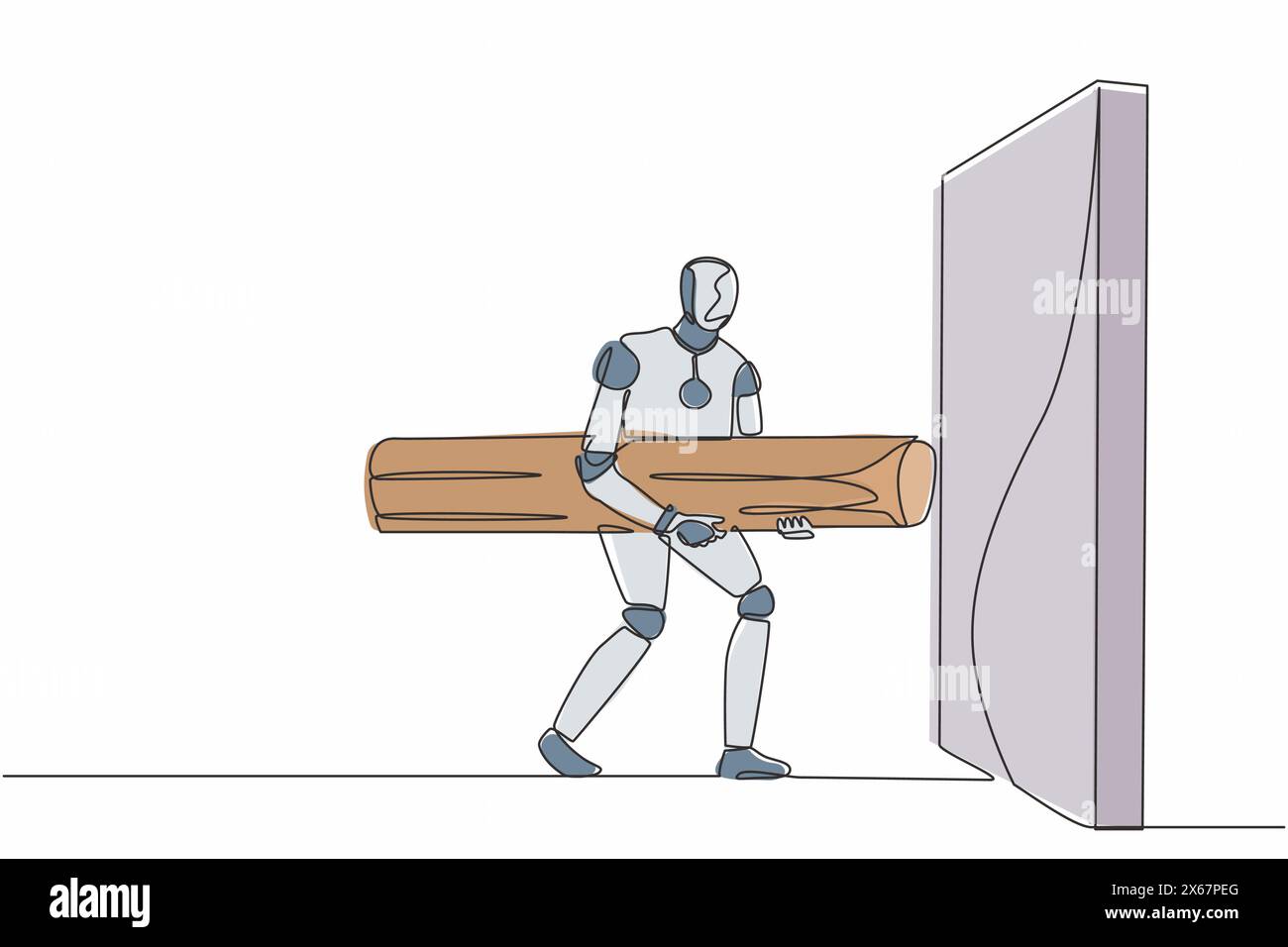 Single one line drawing robot holding large log to destroying wall ...