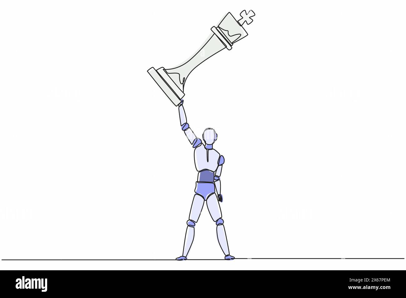 Continuous one line drawing robot standing and lifting up king chess ...