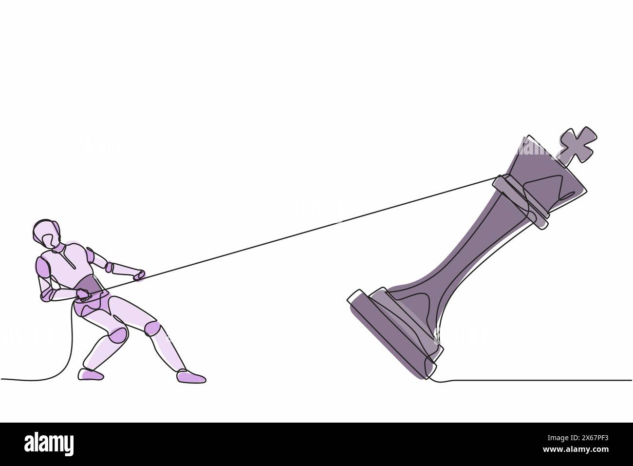 Continuous one line drawing robots standing and pulling big king chess ...