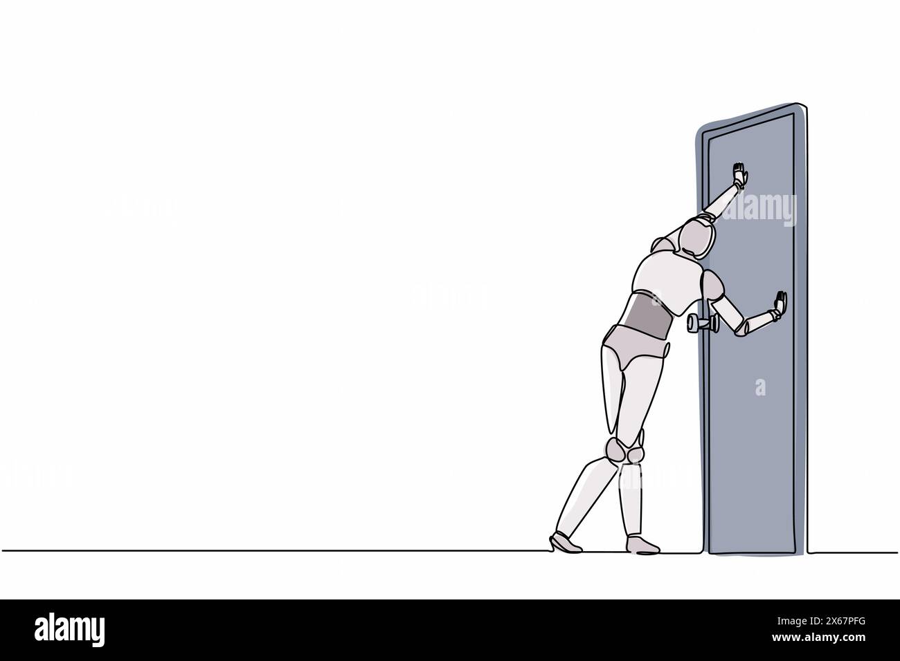 Single one line drawing robot standing and pushing closed door. Future ... Single one line drawing robot standing and pushing closed door. Future ...