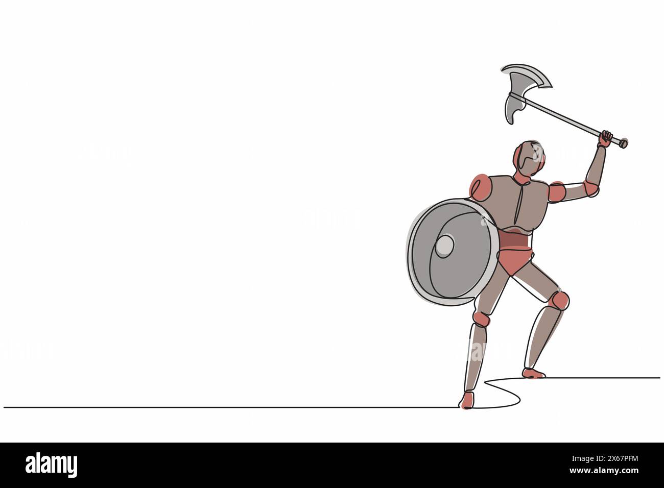 Single continuous line drawing robot with axe and shield furiously ...