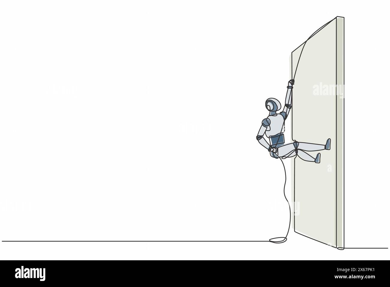 Single continuous line drawing robot climbing over wall with rope ...