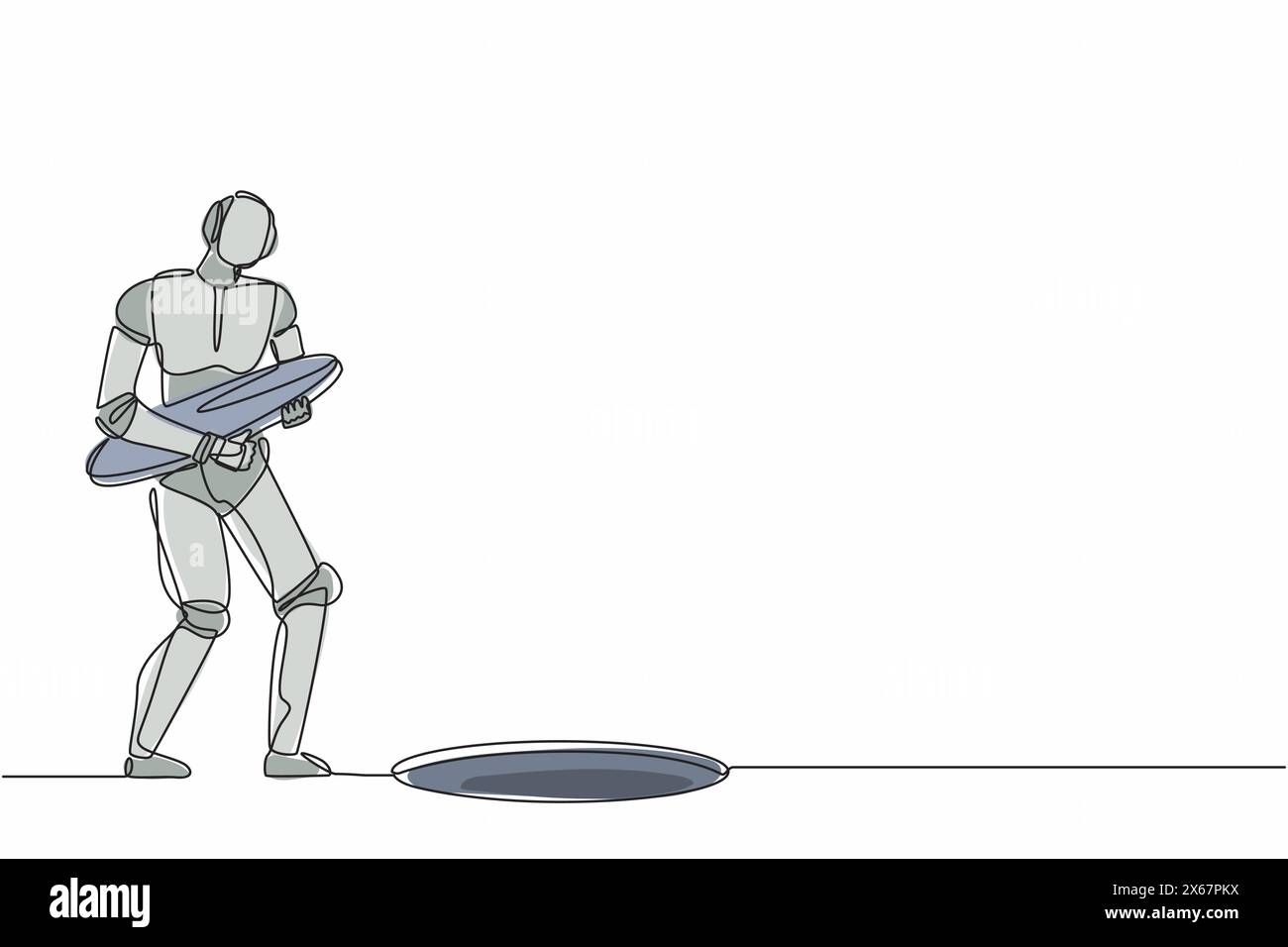 Single one line drawing robot holding iron hole cover. Future ...