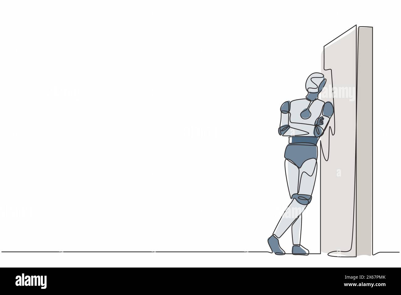 Single continuous line drawing robot standing and lean against wall, thinking something. Robotic ...