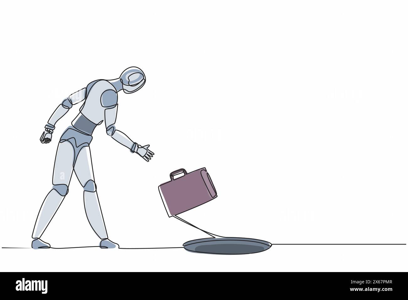 Single one line drawing robot throws briefcase into hole. Future ...