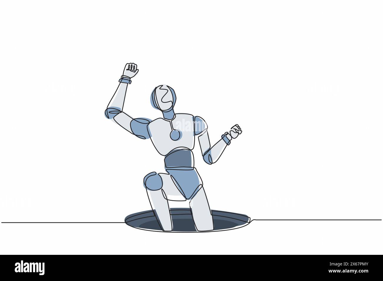 Single continuous line drawing robot fell into manhole underground ...