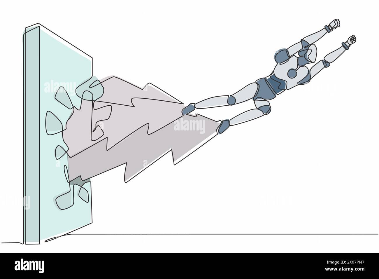 Continuous one line drawing robot punches and breaks the wall. Flying ...