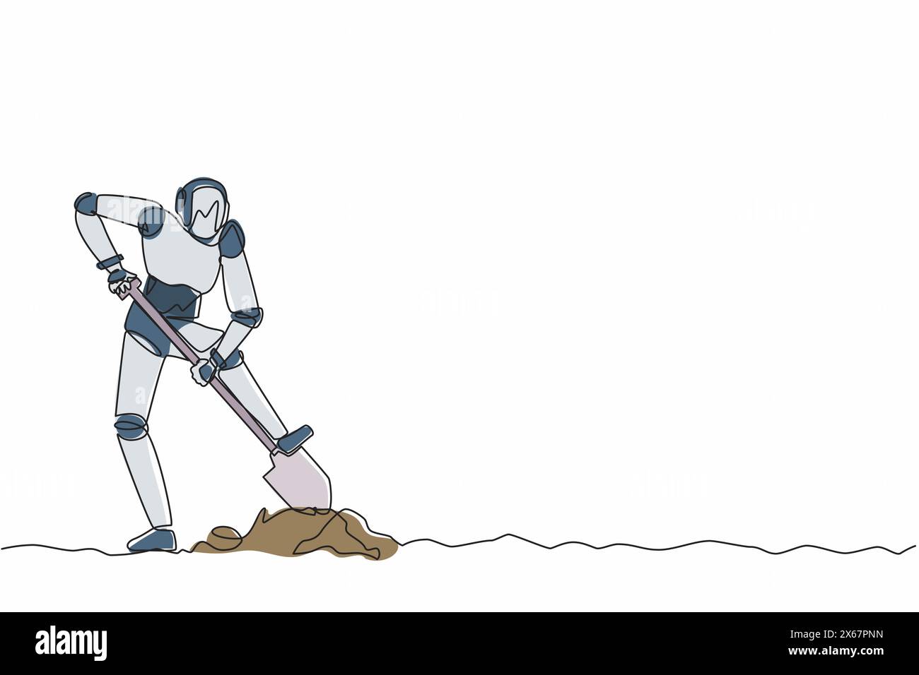 Continuous one line drawing robot step on shovel and digging in dirt to ...