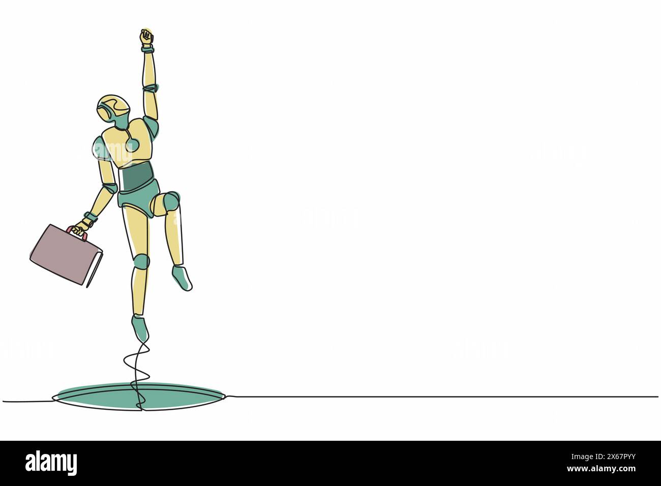 Continuous one line drawing robot flying with briefcase coming out of ...