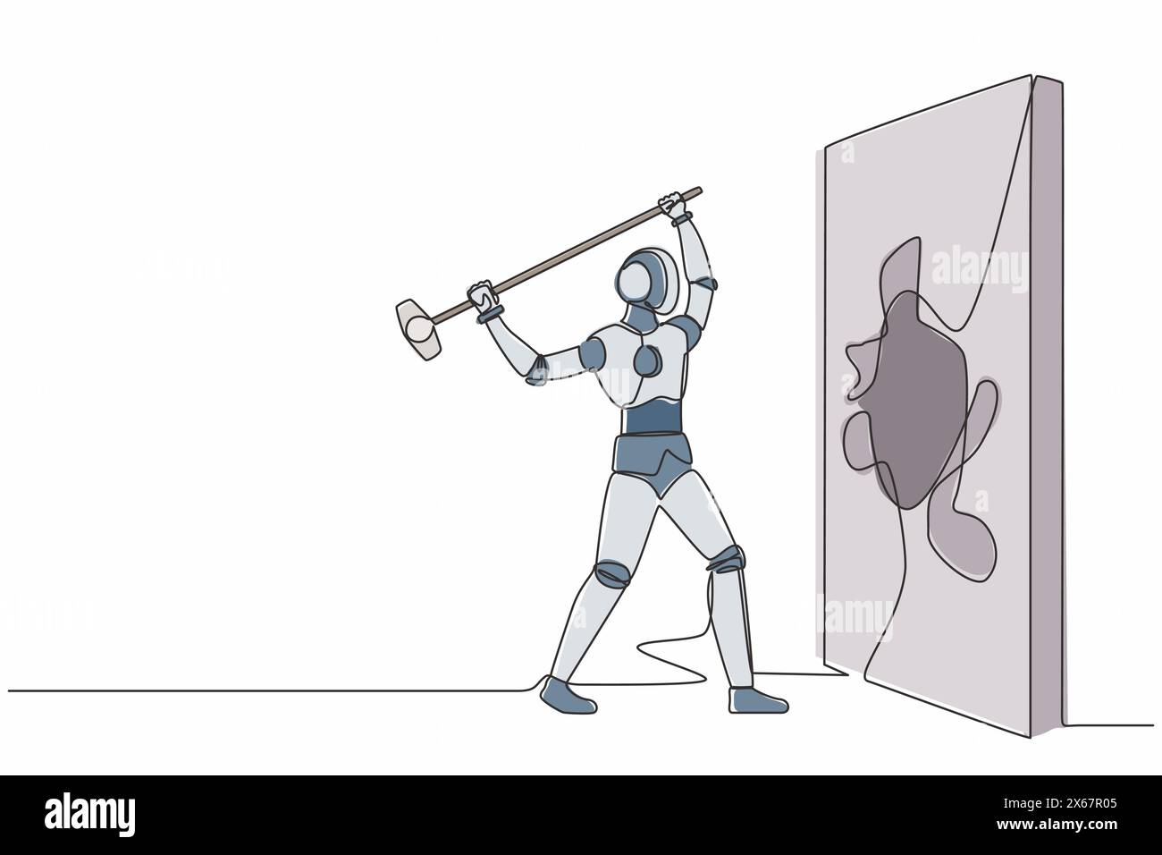 Single one line drawing robot breaks and hitting wall with hammer ...