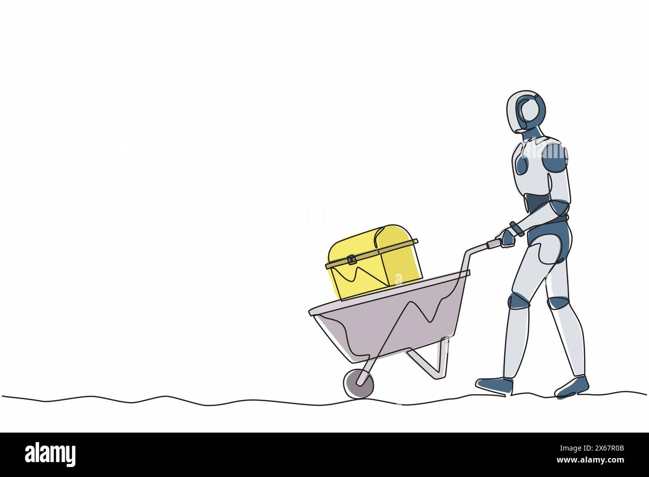 Single one line drawing robot walking and pushing trolley with chest ...