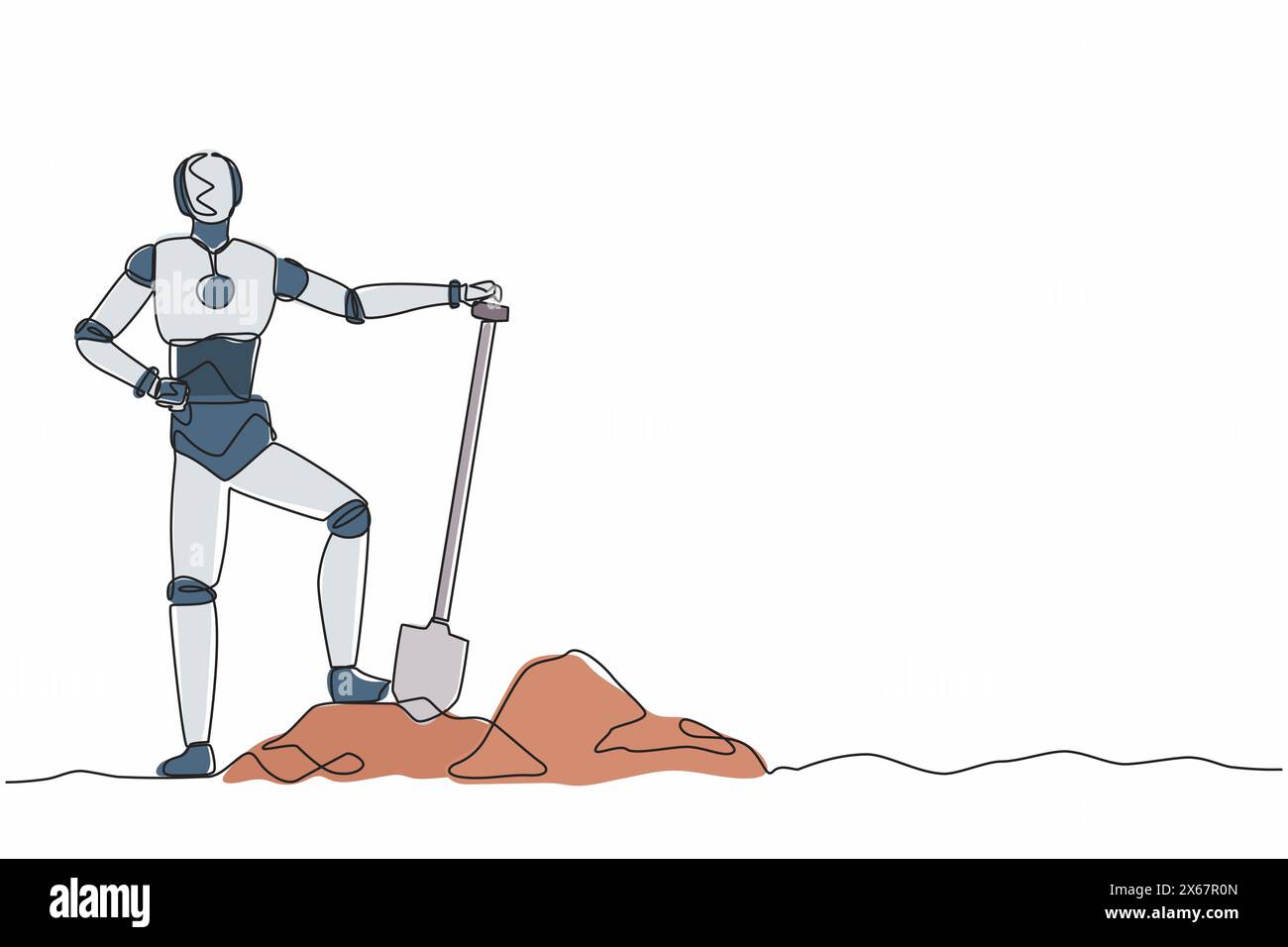 Single continuous line drawing happy robot standing near digging hole ...