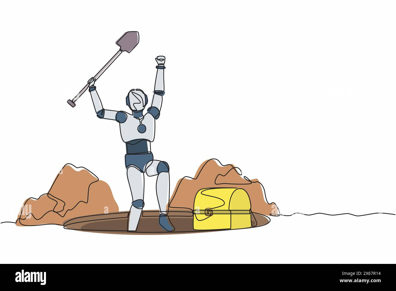 Continuous one line drawing happy robot lifting shovel and finding ...
